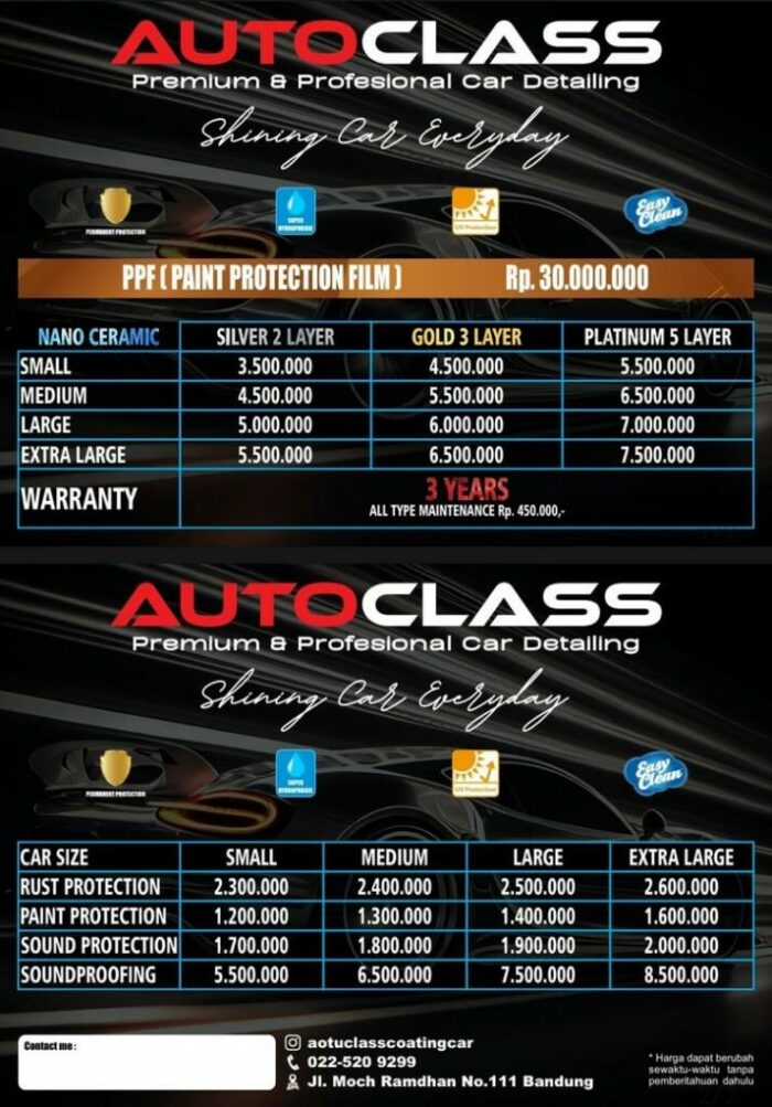 Price List – Autoclass Coating Car